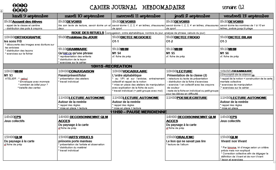 Programmation à la période et Cahier Journal – Ecole des Juliettes